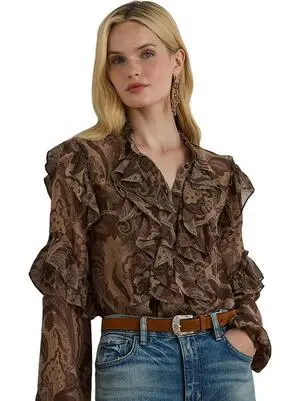 Ralph Lauren Paisley Ruffle-trim Chiffon Blouse - Taupe Multi