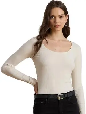 Ralph Lauren Rib-knit Long-sleeve Scoopneck Tee - Mascarpone Cream
