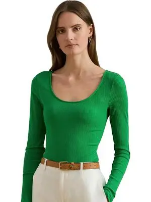 Ralph Lauren Rib-knit Long-sleeve Scoopneck Tee - Stem
