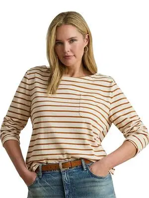 Ralph Lauren Striped Jersey Boatneck Top - Mascarpone Cream/cinnamon