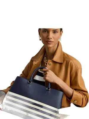 Ralph Lauren Striped Leather Large Hanna Satchel - Refined Navy/soft White