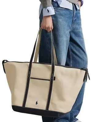 Ralph Lauren Leather-trim Canvas Large Shopper Tote - Ecru/navy