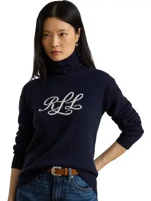 Ralph Lauren Logo Cashmere Turtleneck Sweater Lauren Navy