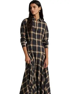 Ralph Lauren Plaid Twill Paneled Shirt Dress - Navy Brown Multi Plaid