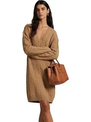 Ralph Lauren Cable Wool-cashmere V-neck Sweater Dress - Collection Camel Melange