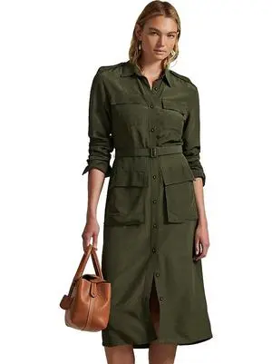 Ralph Lauren Belted Faille Shirtdress - Deep Loden