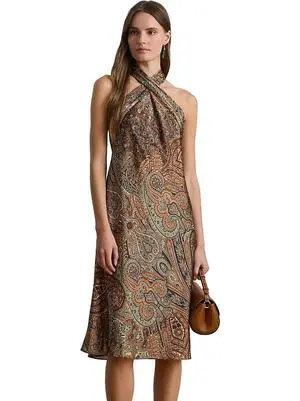 Ralph Lauren Paisley Charmeuse Halter Cocktail Dress - Cream Multi