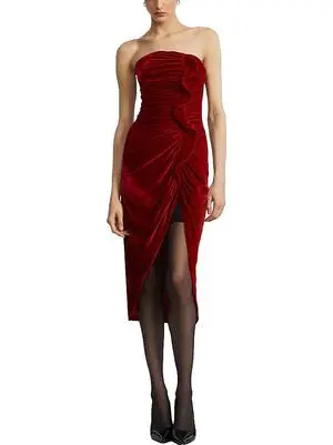 Bcbgmaxazria Strapless Velvet Ruffle Dress - Chilli Pepper