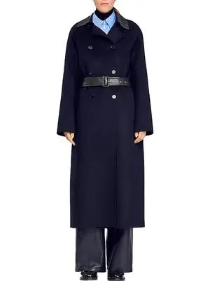 Sandro Long Wool And Leather Coat - Black