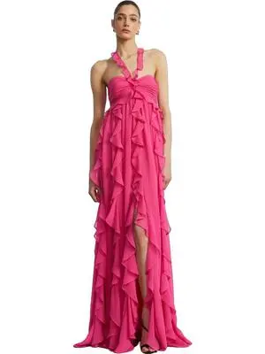 Bcbgmaxazria Ruffle Chiffon Halter Gown - Fuchsia Purple