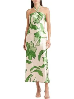 CIEBON Runie Floral Satin Halter Midi Dress - Cream/green