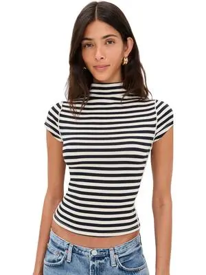 Free People Striped Mock Neck Tee - B&w Stripe