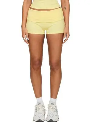 Princess Polly Baseline Foldover Rib Stretch Cotton Shorts - Yellow