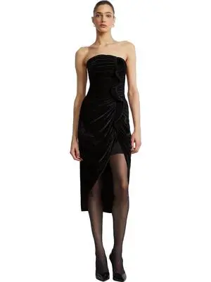 Bcbgmaxazria Strapless Velvet Ruffle Midi Dress - Black