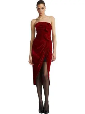 Bcbgmaxazria Strapless Velvet Ruffle Midi Dress - Chilli Pepper