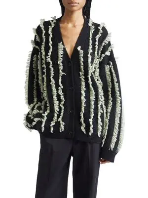 ZANKOV JOSEPH Fringe Stripe Merino Wool V-Neck Cardigan