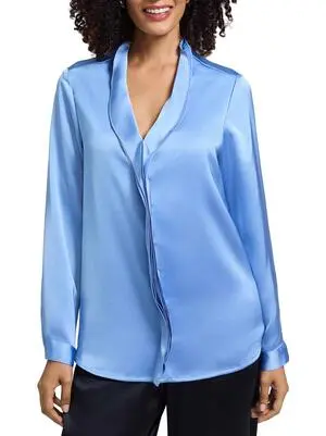 Foxcroft Rosale Ruffle Placket Button-Up Shirt Bel Air Blue