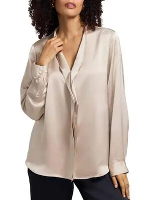 Foxcroft Rosale Ruffle Placket Button-Up Shirt Champagne