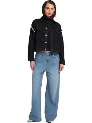 ELLE COLLECTION Rhinestone Trim Denim Jacket - Black