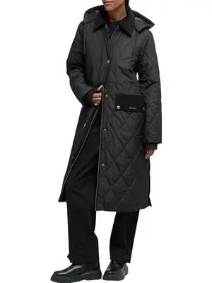 Barbour Meredith Quilted Long Coat With Hood - Black/classic Tartan