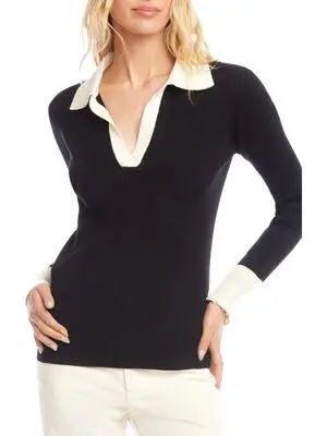 Karen Kane Contrast Rib Polo Sweater Black/cream