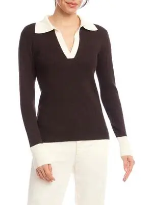 Karen Kane Contrast Rib Polo Sweater Chocolate W/cream