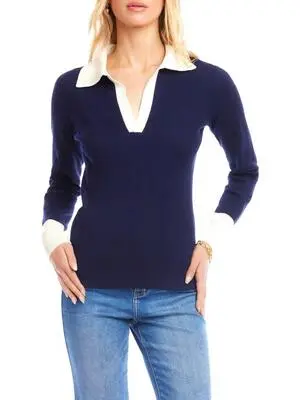 Karen Kane Contrast Rib Polo Sweater Navy W/cream