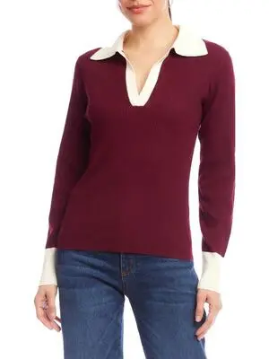 Karen Kane Contrast Rib Polo Sweater - Wine/cream