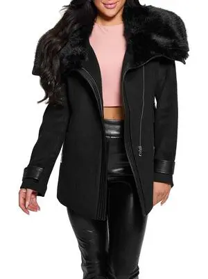 Guess Lilia Melton Coat With Faux Fur Trim - Black-black