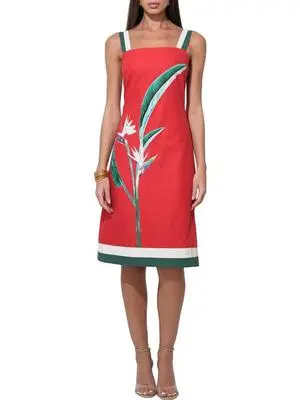 Adelyn Rae Bird Of Paradise Print Cotton & Linen Midi Dress - Red