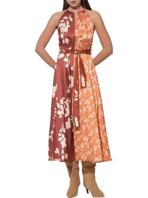 Adelyn Rae Sandi Two-tone Floral Print Satin Dress - Marigold/brown
