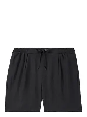 Ralph Lauren Purple Label Dorest Straight-leg Pleated Silk And Linen-blend Drawstring Shorts - Black