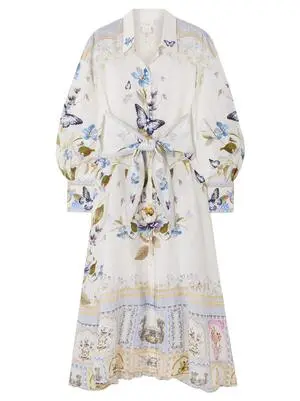 Camilla Belted Floral-print Linen Midi Shirt Dress - White