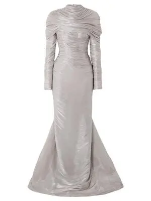 MARMAR HALIM Cape-effect Metallic Plissé-chiffon Gown - Silver