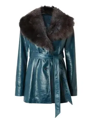 Chloé Belted Shearling-trimmed Paneled Leather Jacket - Blue