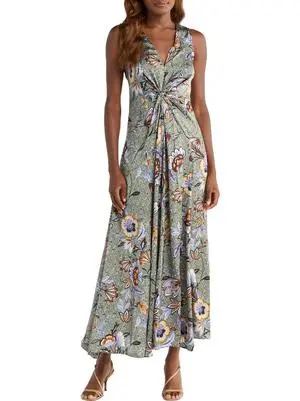 Halogen Knot Front Floral Print Sleeveless Maxi Dress - Gray Violet/green