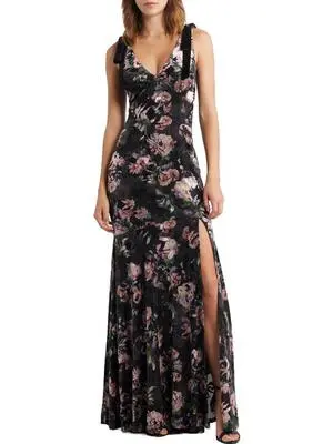Lulus Coraline Velvet Shoulder Floral Gown - Black Floral