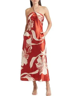 CIEBON Floral Satin Halter Midi Dress - Amber/champagne