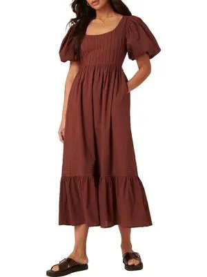 NOBODY'S CHILD Mimi Puff Sleeve Midi Dress - Medium Brown