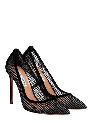 AQUAZZURA Nude 105 Houndstooth Velvet Pumps - Black