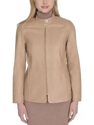 Cole Haan Leather Stand Collar Jacket - Sesame