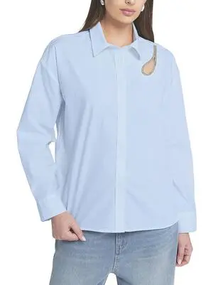 ELLE COLLECTION Rhinestone Trim Cutout Shirt Blue