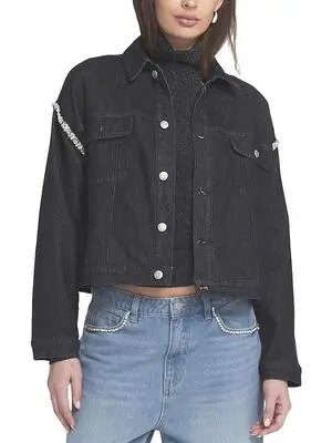 ELLE COLLECTION Rhinestone Trim Denim Jacket - Black