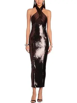 Retrofete Tamra Sequin Halter Neck Dress - Tobacco