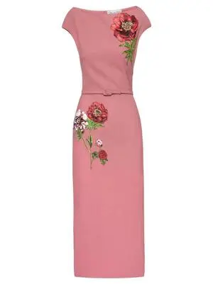 Oscar De La Renta Embroidered Belted Midi Dress - Pink