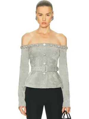 SELF-PORTRAIT Chenille Knit Crystal Trim Top - Grey