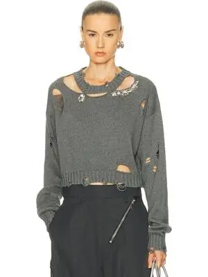 AREA Distressed Crystal Crewneck Sweater - Heathered Grey