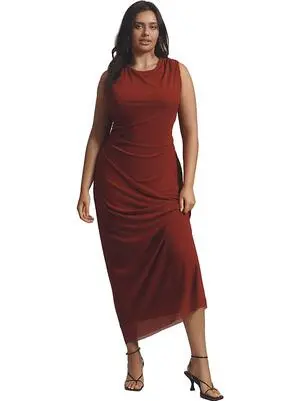 NIA Sleeveless Ruched Mesh Midi Dress - Marsala