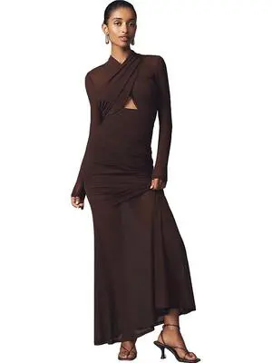 Bardot Veria Long-sleeve Wrap Mesh Maxi Dress - Chocolate