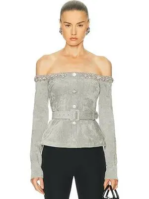 SELF-PORTRAIT Chenille Knit Crystal Trim Top - Grey